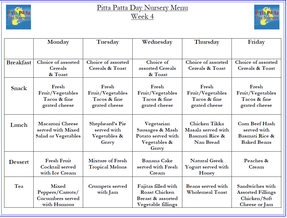 Menus - Pitta Patta Day Nursery Forest Hill, Childcare, Nurseries ...