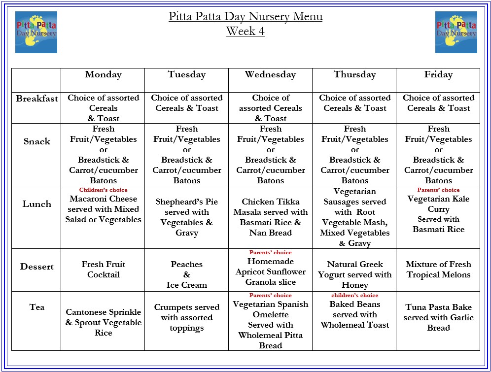 Menus - Pitta Patta Day Nursery Forest Hill, Childcare, Nurseries ...